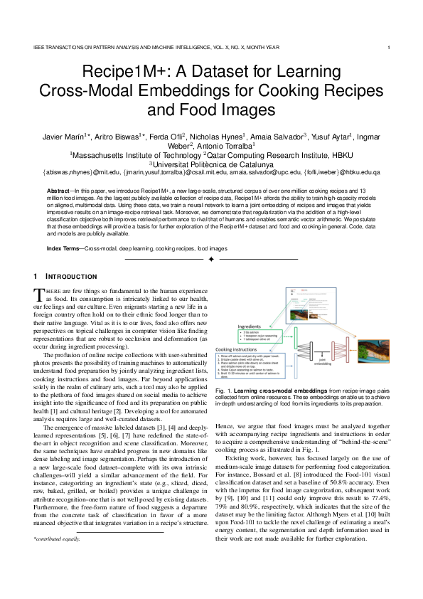 (PDF) Recipe1M + : A Dataset for Learning Cross-Modal Embeddings for Cooking Recipes and Food Images