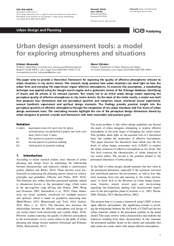 (PDF) Urban design assessment tools: a model for exploring atmospheres ...