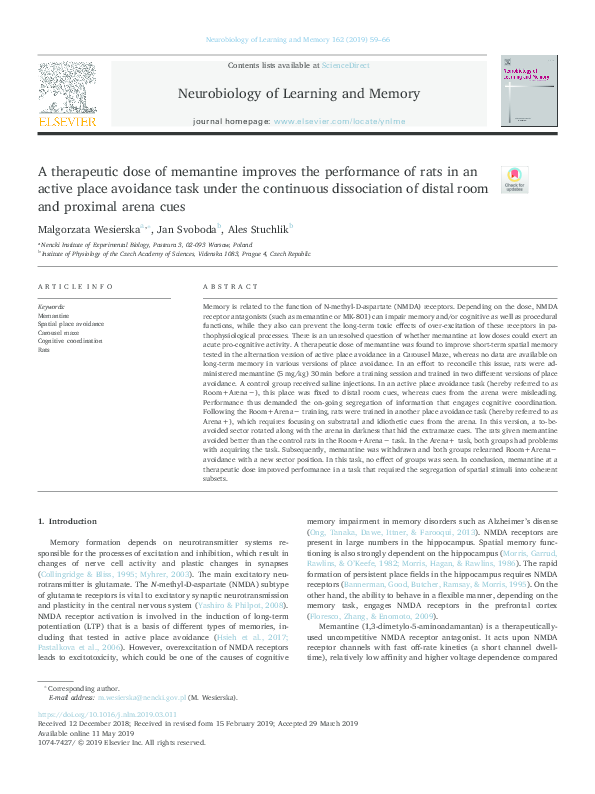 (PDF) A therapeutic dose of memantine improves the performance of rats ...