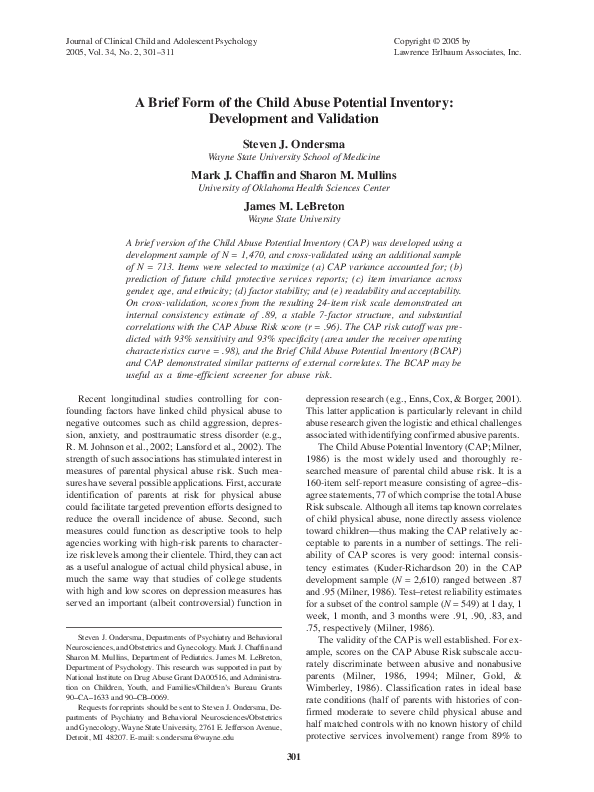 (PDF) A Brief Form of the Child Abuse Potential Inventory: Development and Validation