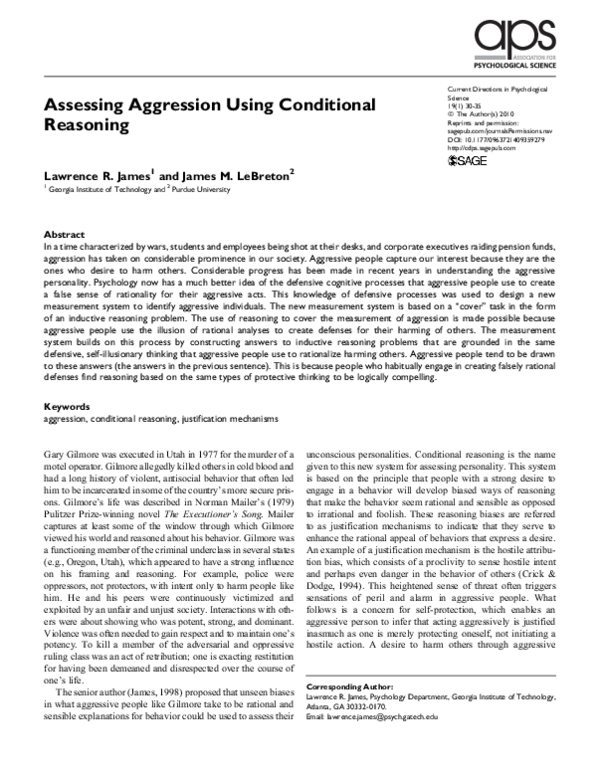 Pdf Assessing Aggression Using Conditional Reasoning