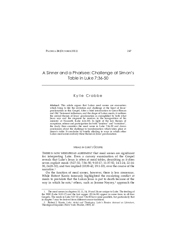 (PDF) Crabbe, Kylie. A Sinner and A Pharisee: Challenge at Simon’s ...