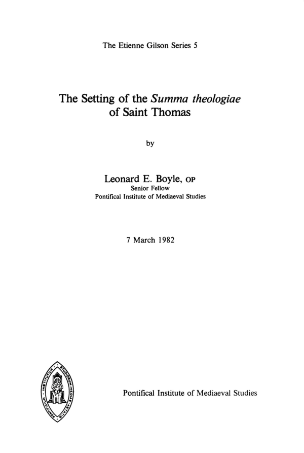 (PDF) Leonard E. Boyle, *The Setting of the ‘Summa theologiae’ of Saint ...