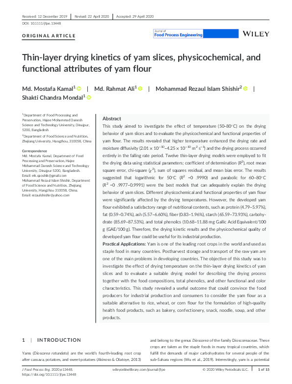 Pdf Thin Layer Drying Kinetics Of Yam Slices Physicochemical And Functional Attributes Of