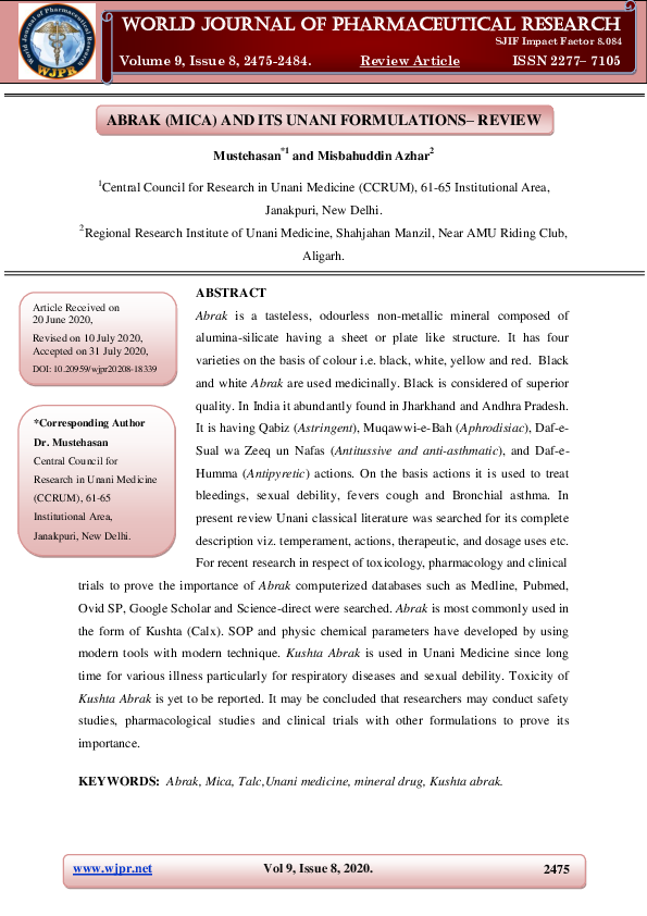 (PDF) ABRAK (MICA) AND ITS UNANI FORMULATIONS-REVIEW