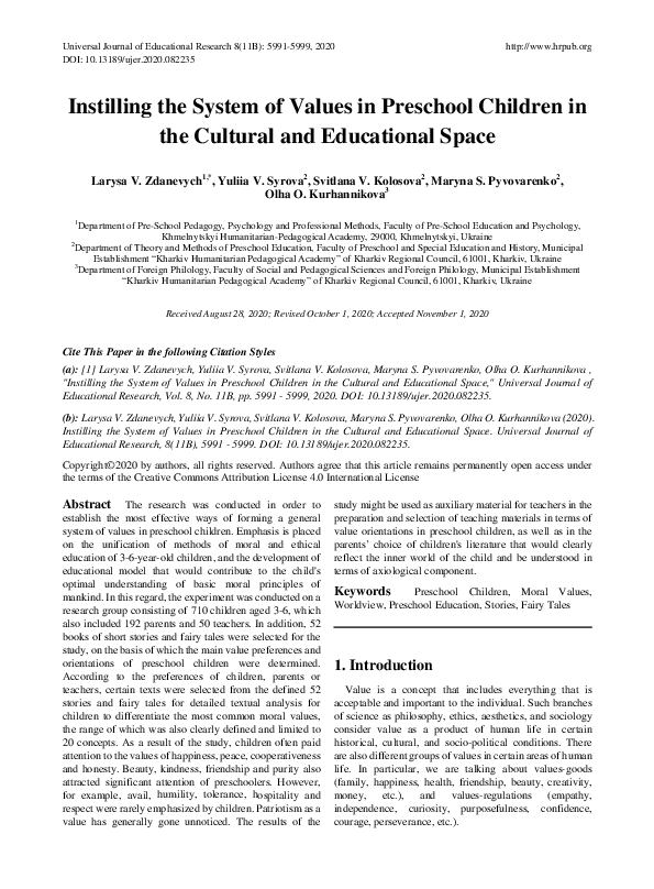 (PDF) Instilling the System of Values in Preschool Children in the ...