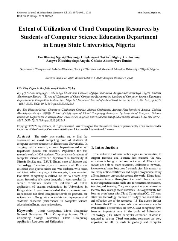 (PDF) Extent of Utilization of Cloud Computing Resources by Students of