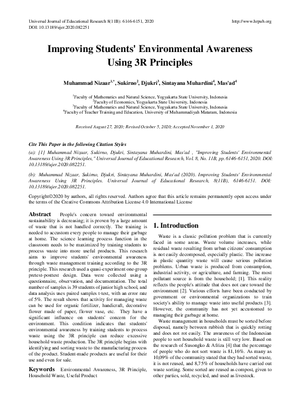 (PDF) Improving Students' Environmental Awareness Using 3R Principles