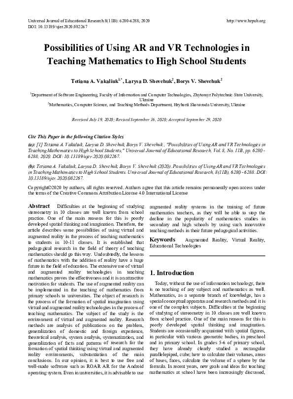 (PDF) Possibilities of Using AR and VR Technologies in Teaching ...