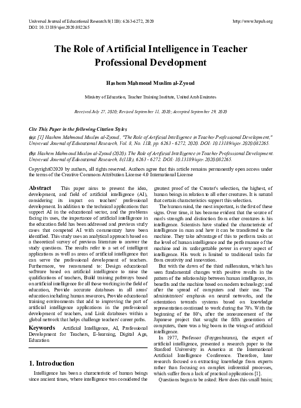 (PDF) The Role of Artificial Intelligence in Teacher Professional ...