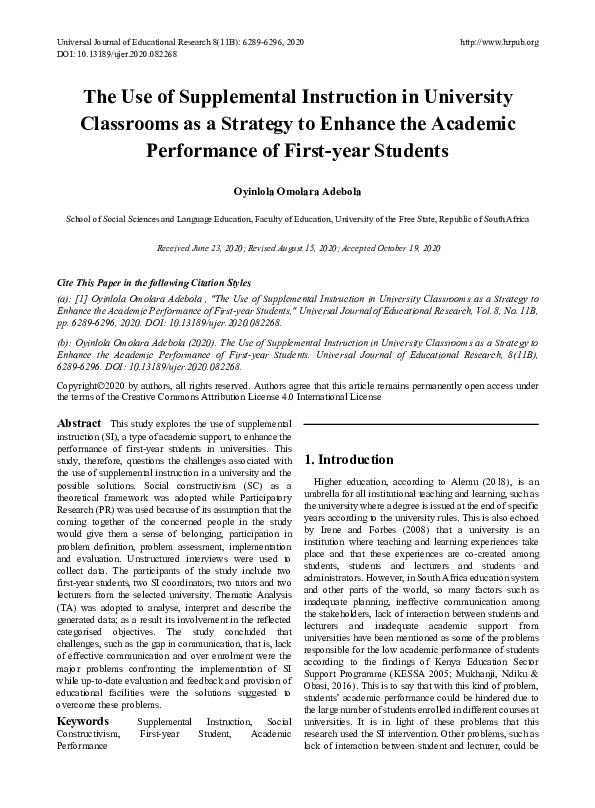 (PDF) The Use of Supplemental Instruction in University Classrooms as a ...