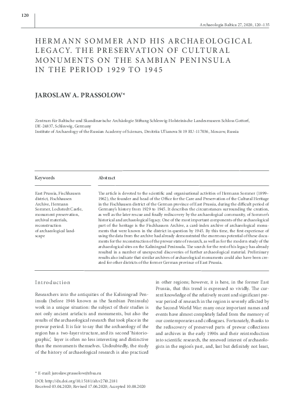 (PDF) Hermann Sommer and his archaeological legacy. The preservation of ...