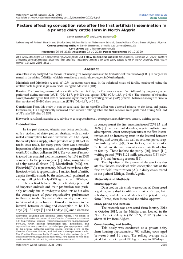 Pdf Factors Affecting Conception Rate After The First Artificial
