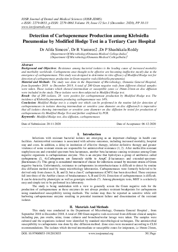 (PDF) Detection of Carbapenemase Production among Klebsiella Pneumoniae ...