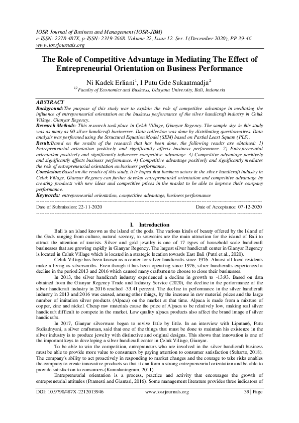 (PDF) The Role of Competitive Advantage in Mediating The Effect of Entrepreneurial Orientation ...