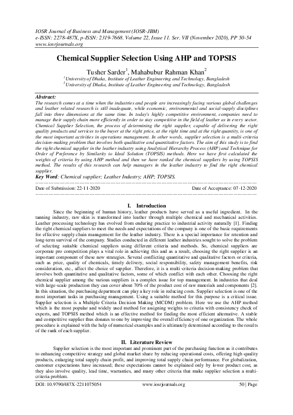 Pdf Chemical Supplier Selection Using Ahp And Topsis