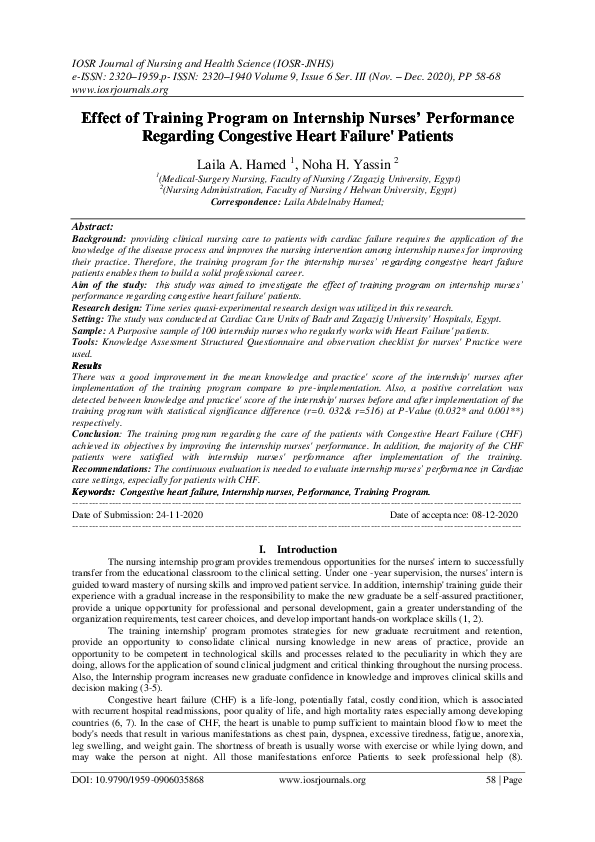 (PDF) Effect of Training Program on Internship Nurses' Performance Regarding Congestive Heart ...