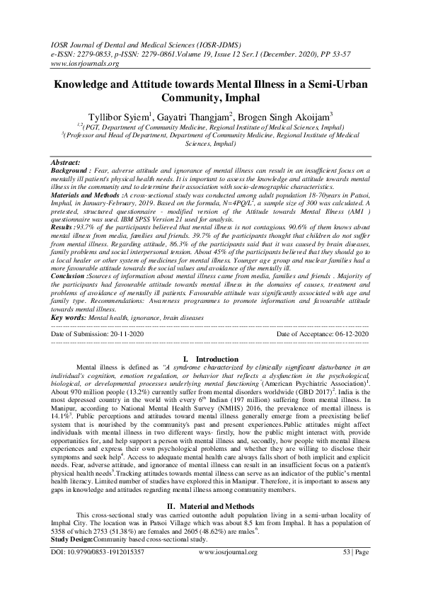 (PDF) Knowledge and Attitude towards Mental Illness in a Semi-Urban Community, Imphal | IOSR ...