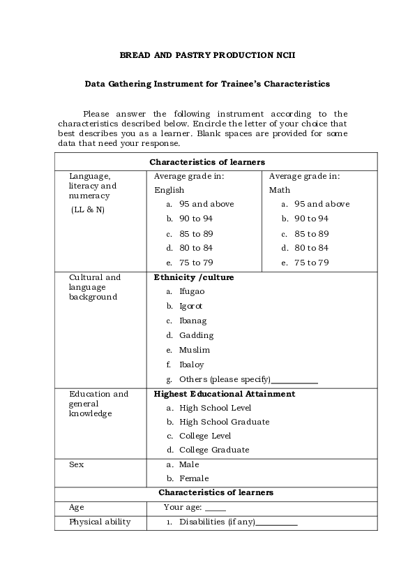 (PDF) BREAD AND PASTRY PRODUCTION NCII Data Gathering Instrument for ...