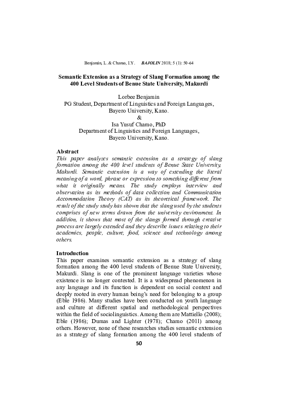 (PDF) Semantic Extension as a Strategy of Slang Formation among the 400 ...