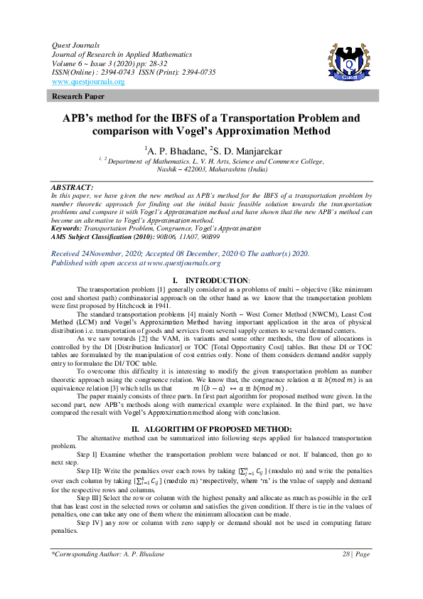 (PDF) APB's method for the IBFS of a Transportation Problem and comparison with Vogel's ...