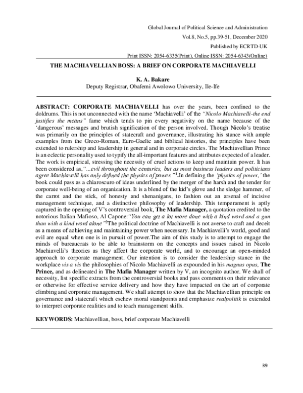 (PDF) THE MACHIAVELLIAN BOSS: A BRIEF ON CORPORATE MACHIAVELLI
