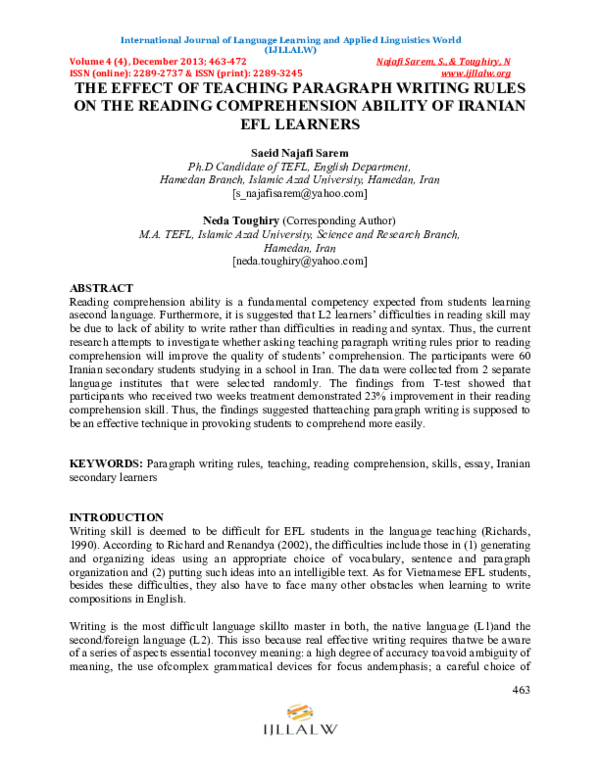 (PDF) THE EFFECT OF TEACHING PARAGRAPH WRITING RULES ON THE READING COMPREHENSION ABILITY OF ...