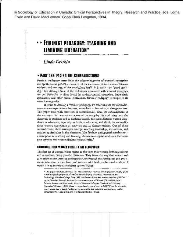 (PDF) Feminist Pedagogy: Teaching and Learning Liberation