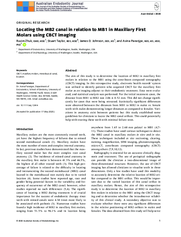 (PDF) Locating the MB2 canal in relation to MB1 in Maxillary First ...