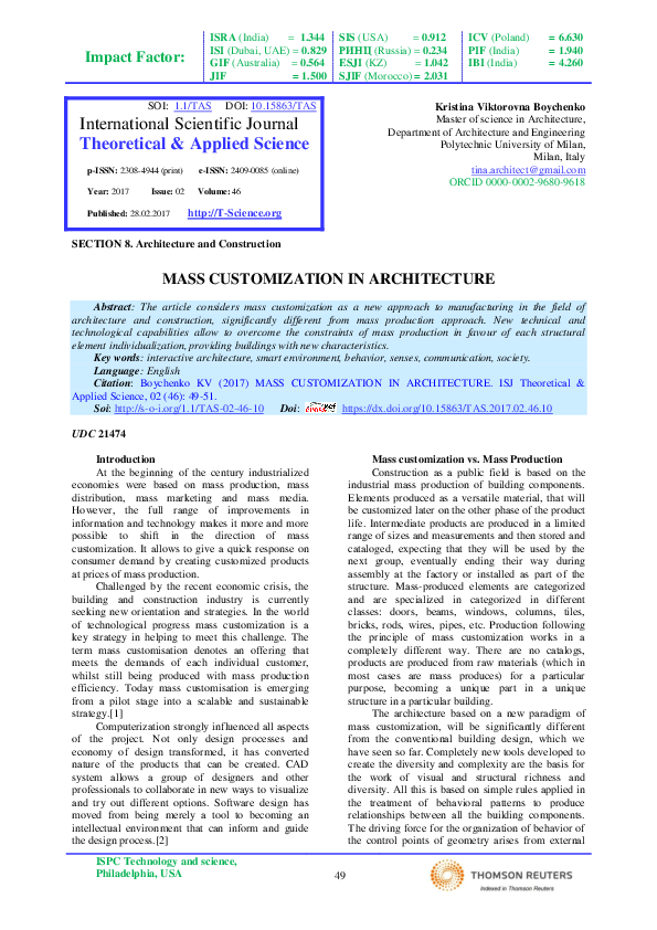 (PDF) MASS CUSTOMIZATION IN ARCHITECTURE