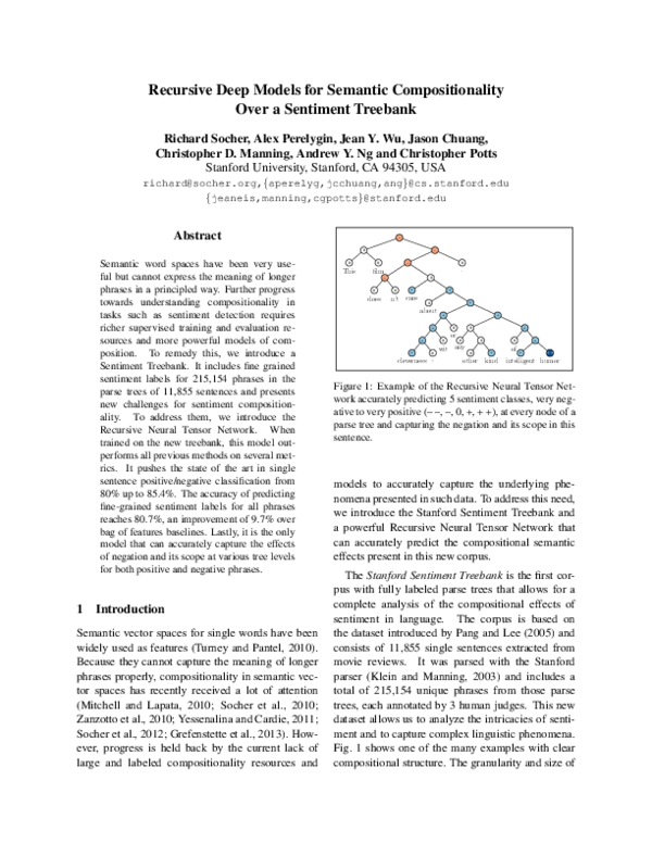Pdf Recursive Deep Models For Semantic Compositionality Over A