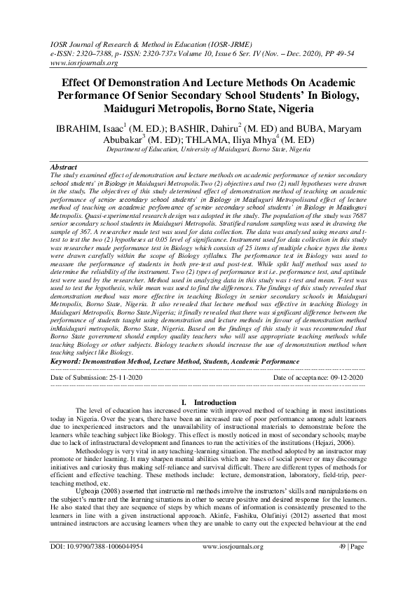 (PDF) Effect Of Demonstration And Lecture Methods On Academic Performance Of Senior Secondary ...