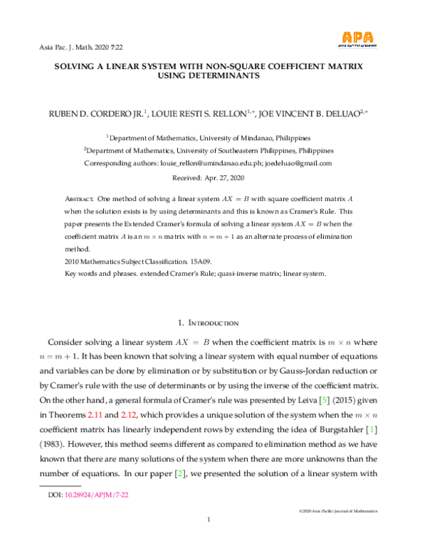 (PDF) SOLVING A LINEAR SYSTEM WITH NON-SQUARE COEFFICIENT MATRIX USING ...