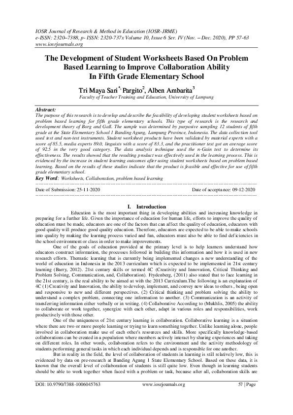 Pdf The Development Of Student Worksheets Based On Problem Based