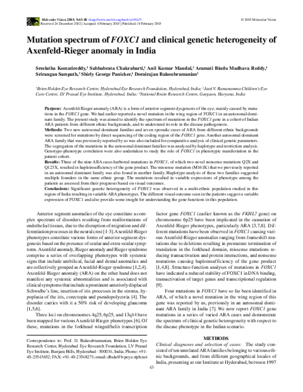 (PDF) Mutation spectrum of FOXC1 and clinical genetic heterogeneity of ...