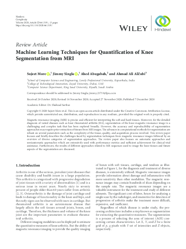 (PDF) Machine Learning Techniques for Quantification of Knee Segmentation from MRI