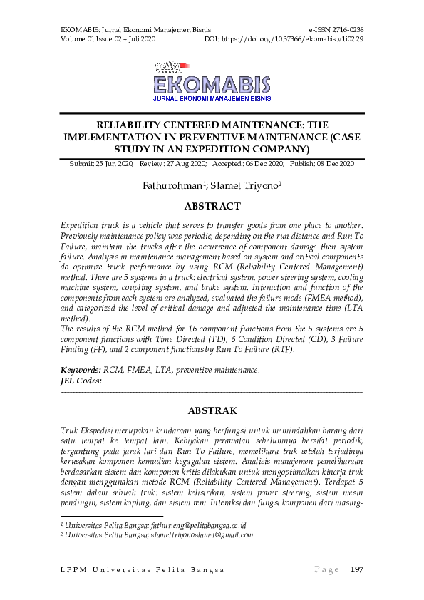 (PDF) RELIABILITY CENTERED MAINTENANCE: THE IMPLEMENTATION IN PREVENTIVE MAINTENANCE (CASE STUDY ...