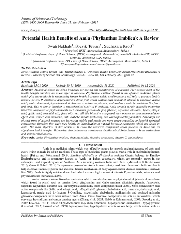 (PDF) Potential Health Benefits of Amla (Phyllanthus Emblica): A Review (PDF) Potential Health Benefits of Amla (Phyllanthus Emblica): A Review