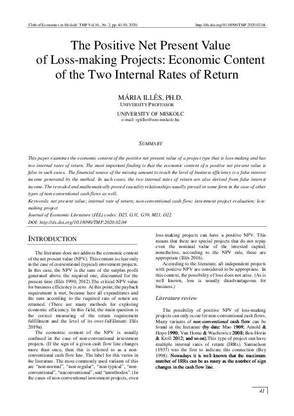 (PDF) The Positive Net Present Value of Loss-making Projects: Economic Content of the Two ...
