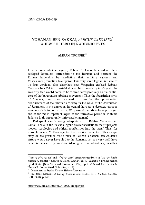 (PDF) "Yohanan ben Zakkai, Amicus Caesaris: A Jewish Hero in Rabbinic Eyes"