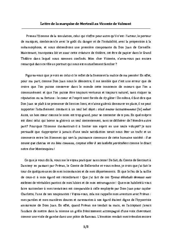 (PDF) Lettre de la marquise de Merteuil au Vicomte de Valmont
