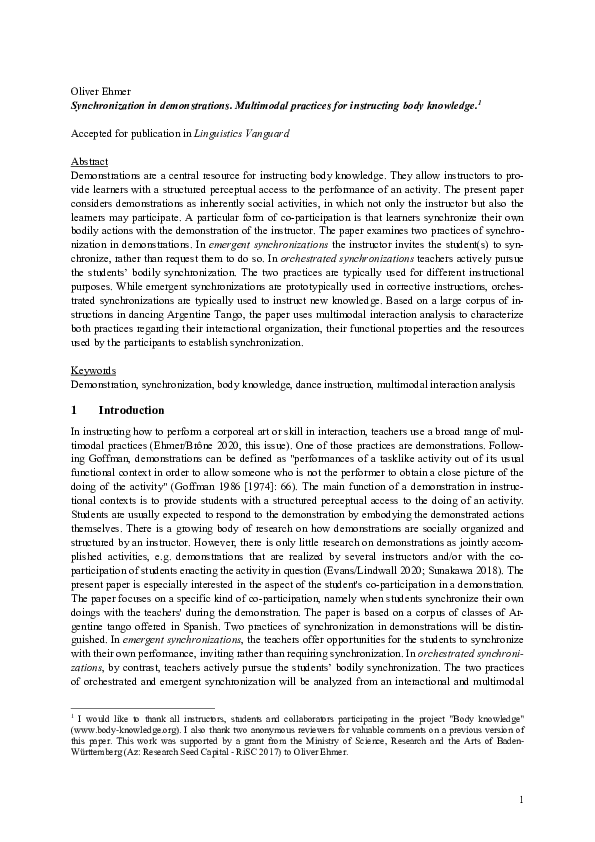 (PDF) Synchronization in demonstrations. Multimodal practices for instructing body knowledge