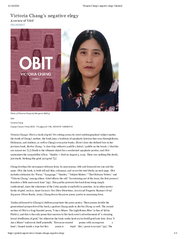 (PDF) Victoria Chang’s Negative Elegy [Victoria Chang, OBIT (Port ...