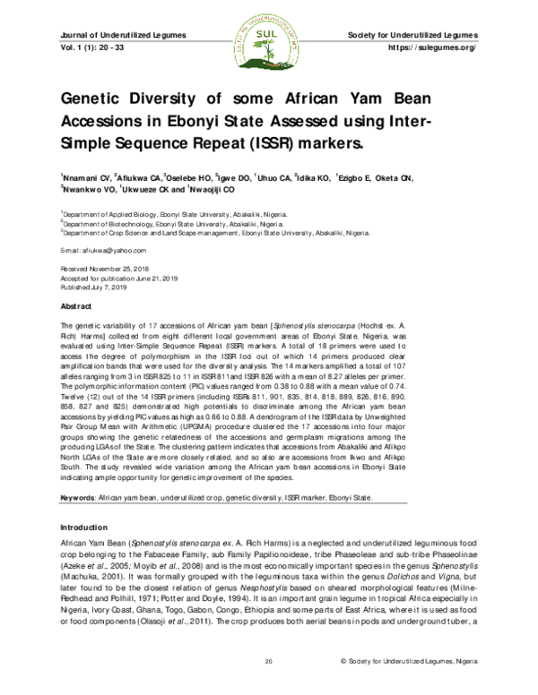 (PDF) Genetic Diversity of some African Yam Bean Accessions in Ebonyi State Assessed using Inter ...