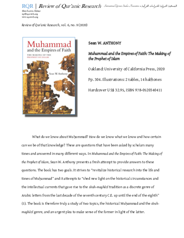 (PDF) Review of Sean W. Anthony, Muhammad and the Empires of Faith: The ...