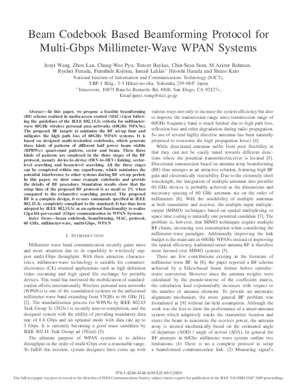 Pdf Beam Codebook Based Beamforming Protocol For Multi Gbps Millimeter Wave Wpan Systems