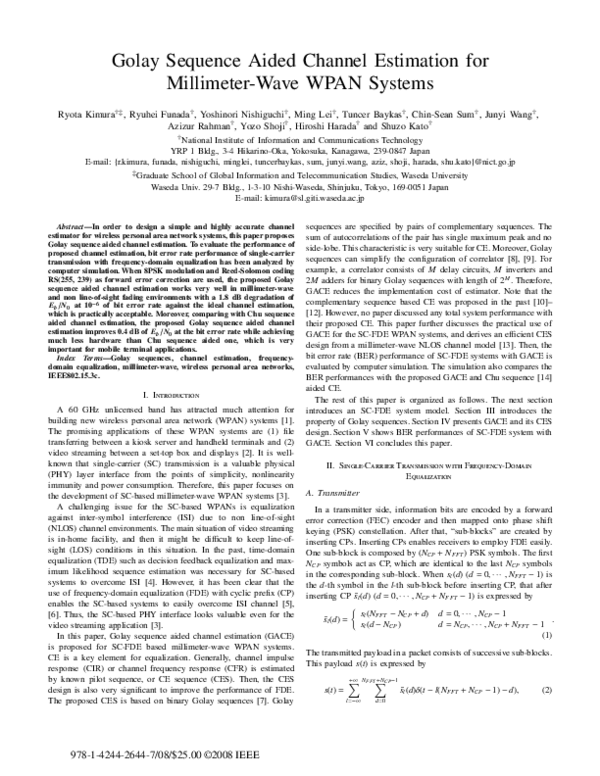 (PDF) Golay sequence aided channel estimation for millimeter-wave WPAN systems | Tuncer Baykas ...