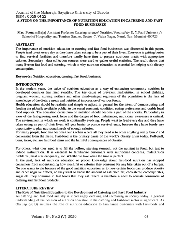 (PDF) A STUDY ON THE IMPORTANCE OF NUTRITION EDUCATION IN CATERING AND ...