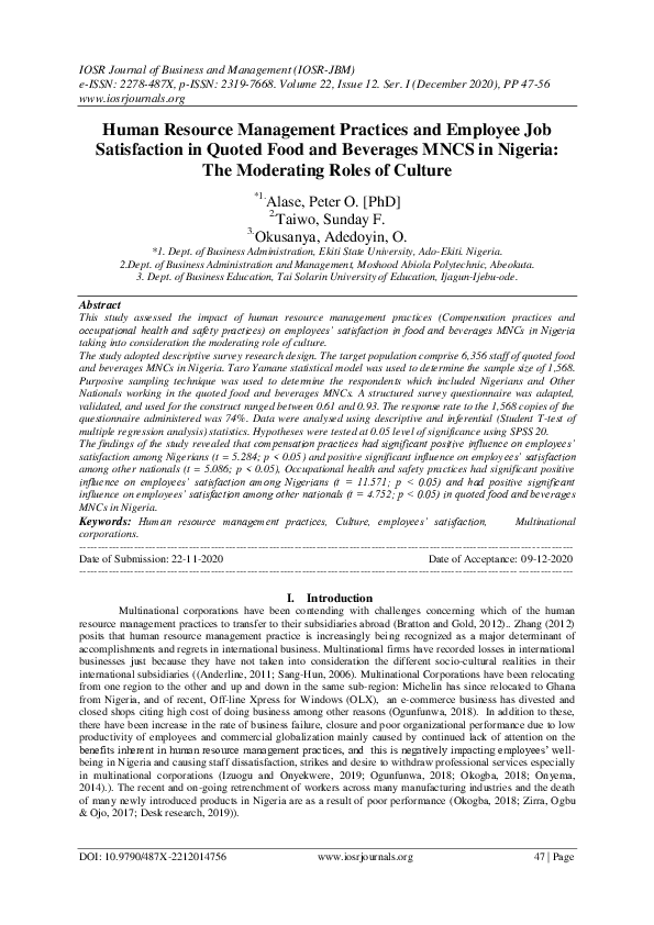 (PDF) Human Resource Management Practices and Employee Job Satisfaction in Quoted Food and ...