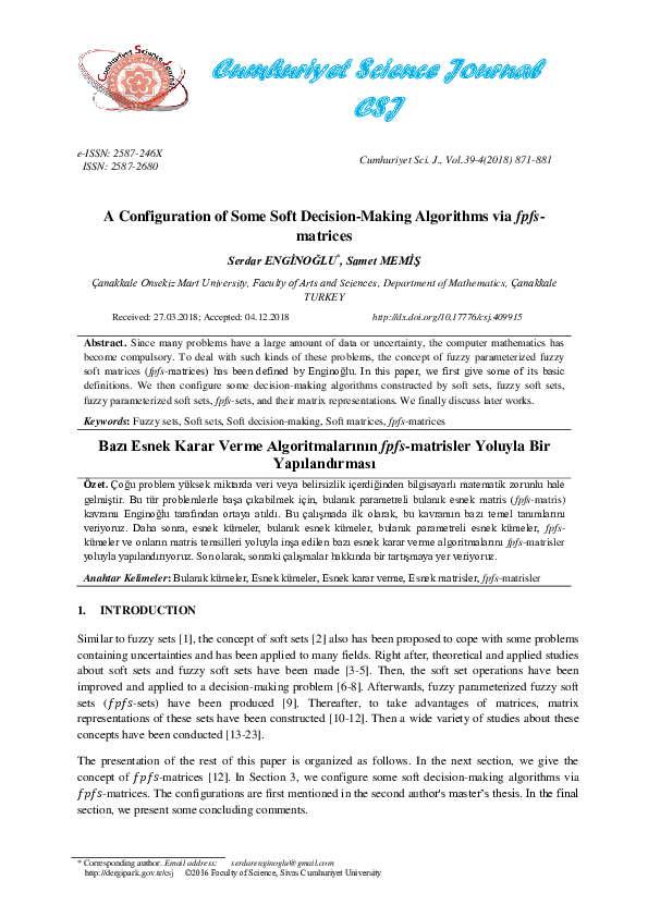 Pdf Cumhuriyet Science Journal Csj A Configuration Of Some Soft Decision Making Algorithms Via